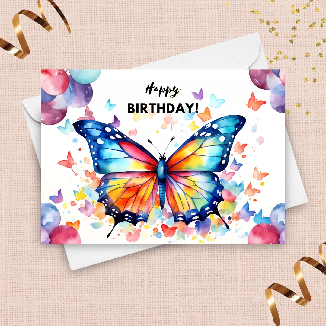 Butterfly Birthday Card, Monarch Butterfly Watercolor Illustration A ...