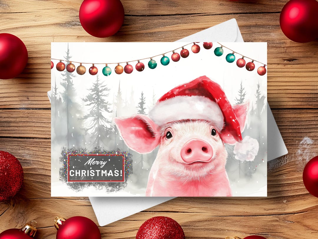 Pig Christmas Card, Merry Christmas Piglet Wearing Santa Hat in A Snowy Wintery Scene, Cute Farm ...