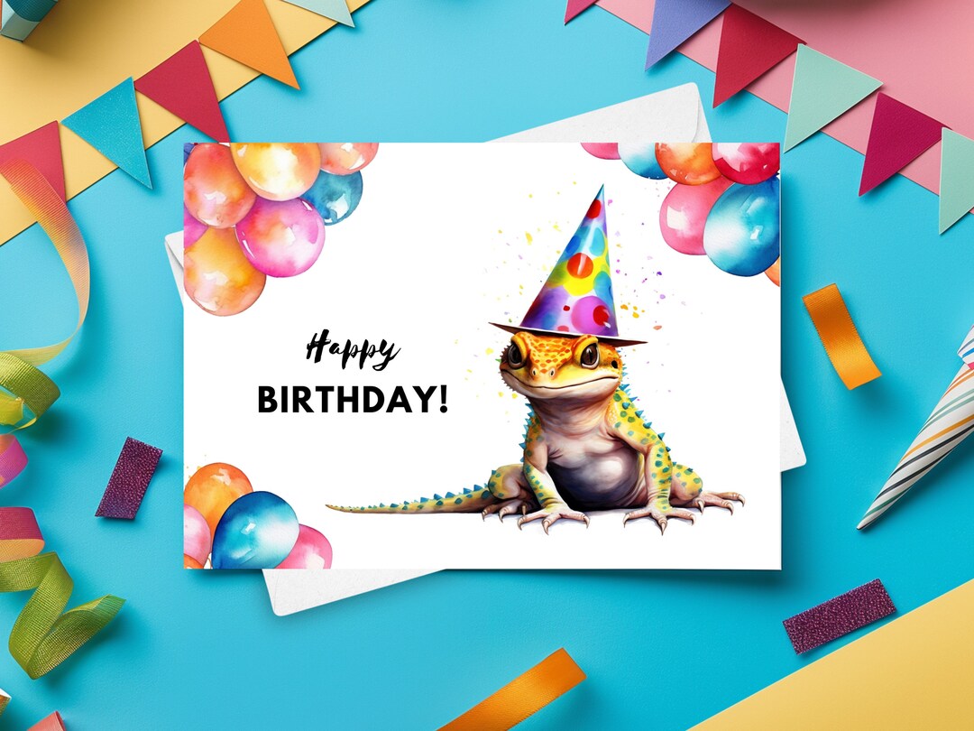 Gecko Birthday Card, Birthday Party Hat and Balloons, Colorful Leopard ...