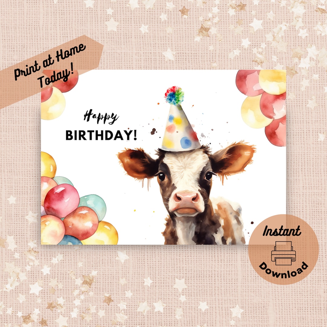 Printable Baby Cow Birthday Card, Instant Digital Download Print at ...