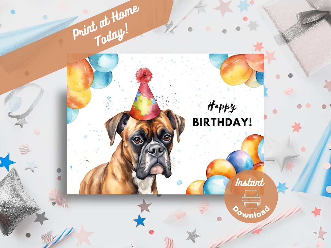 Printable Boxer Birthday Card, Instant Download, Print at Home Card ...