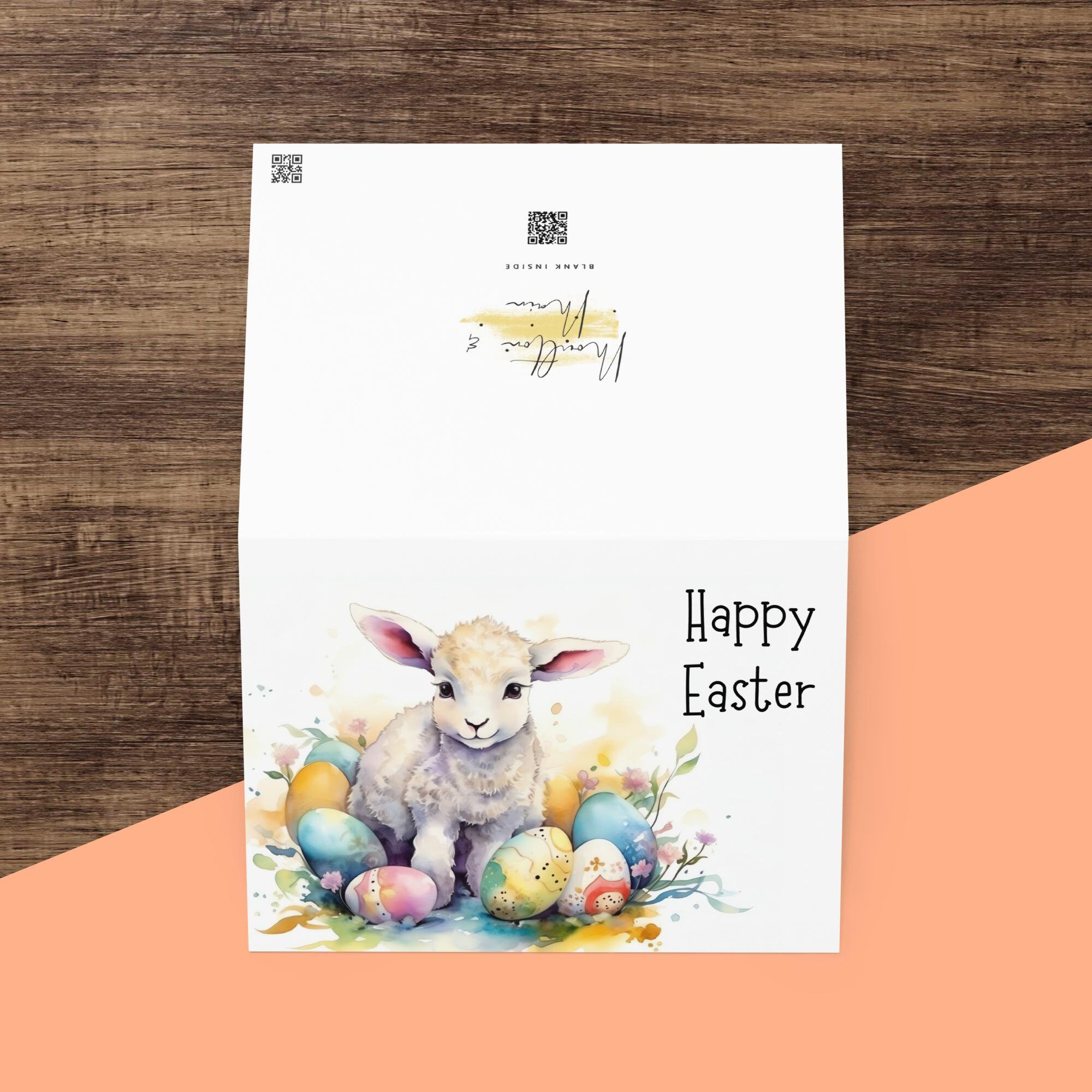 Cute Baby Lamb Sheep Happy Easter Card, Easter Eggs, Watercolor ...