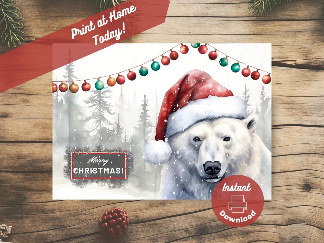 Printable Polar Bear Christmas Card, Instant Digital Download Print at ...