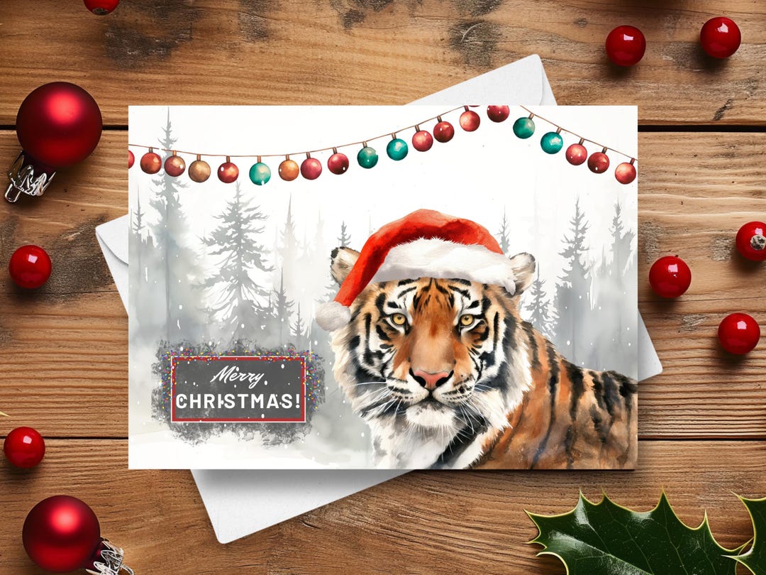Tiger Christmas Card, Merry Christmas Tiger Wearing A Santa Hat in A ...