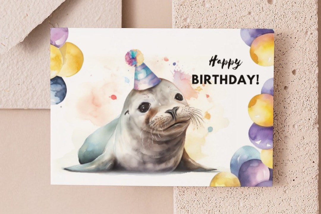 Seal Birthday Card Party Hat Happy Birthday Grey Seal Gift - Etsy