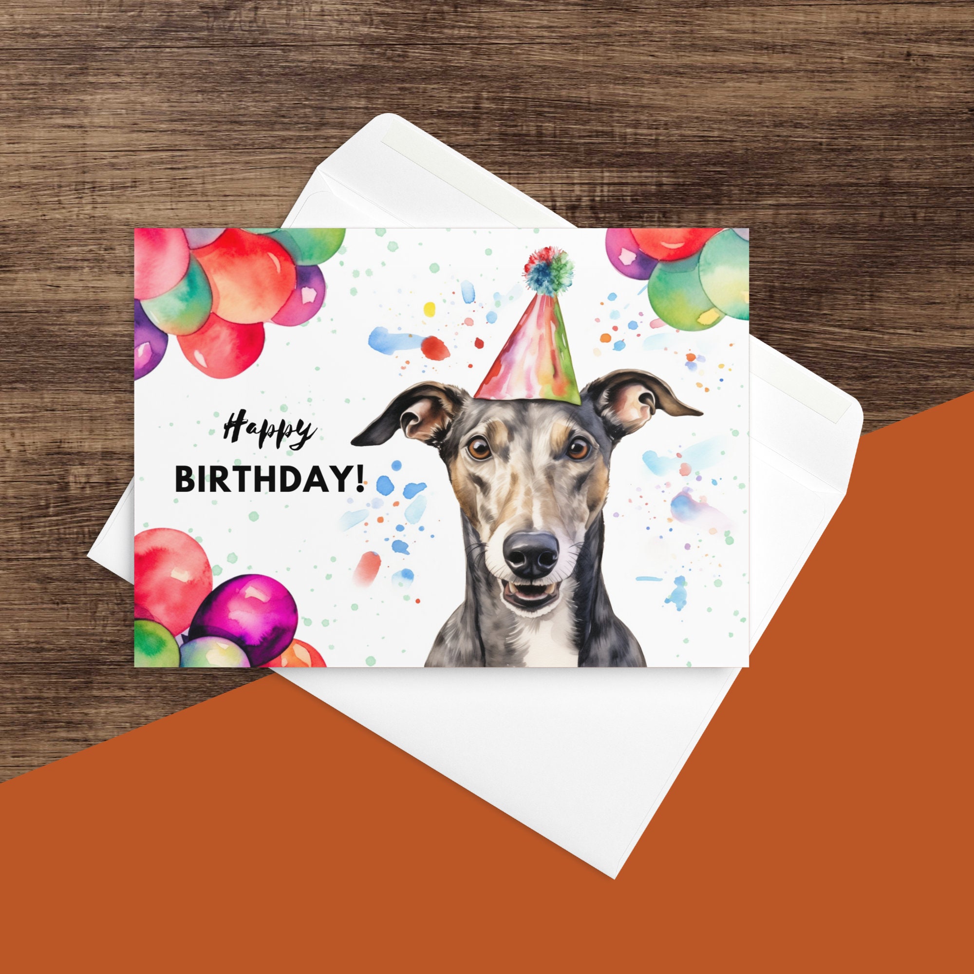 Greyhound Birthday Card, Happy Birthday Party Hat and Balloons ...
