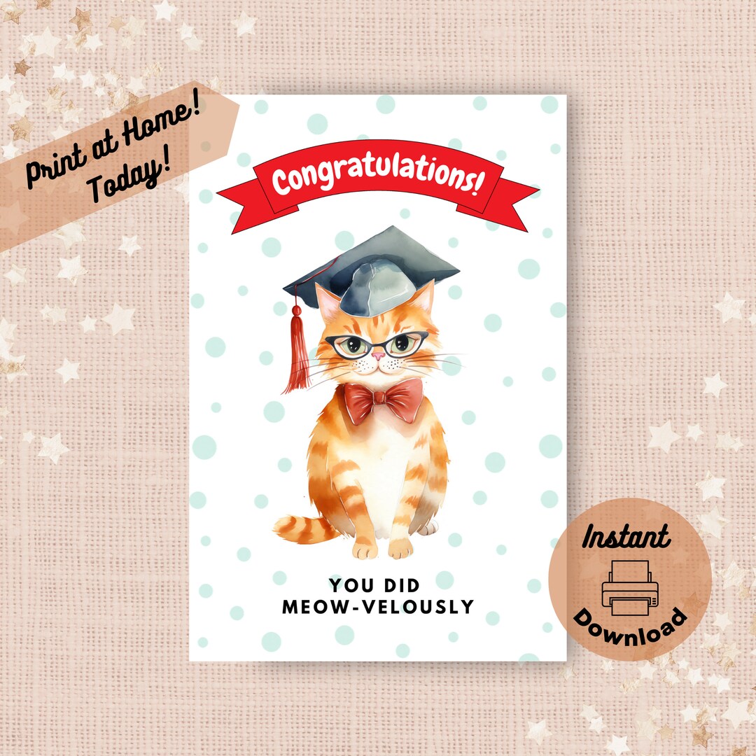 Printable Cat Graduation Card, Funny Graduation, Instant Download ...