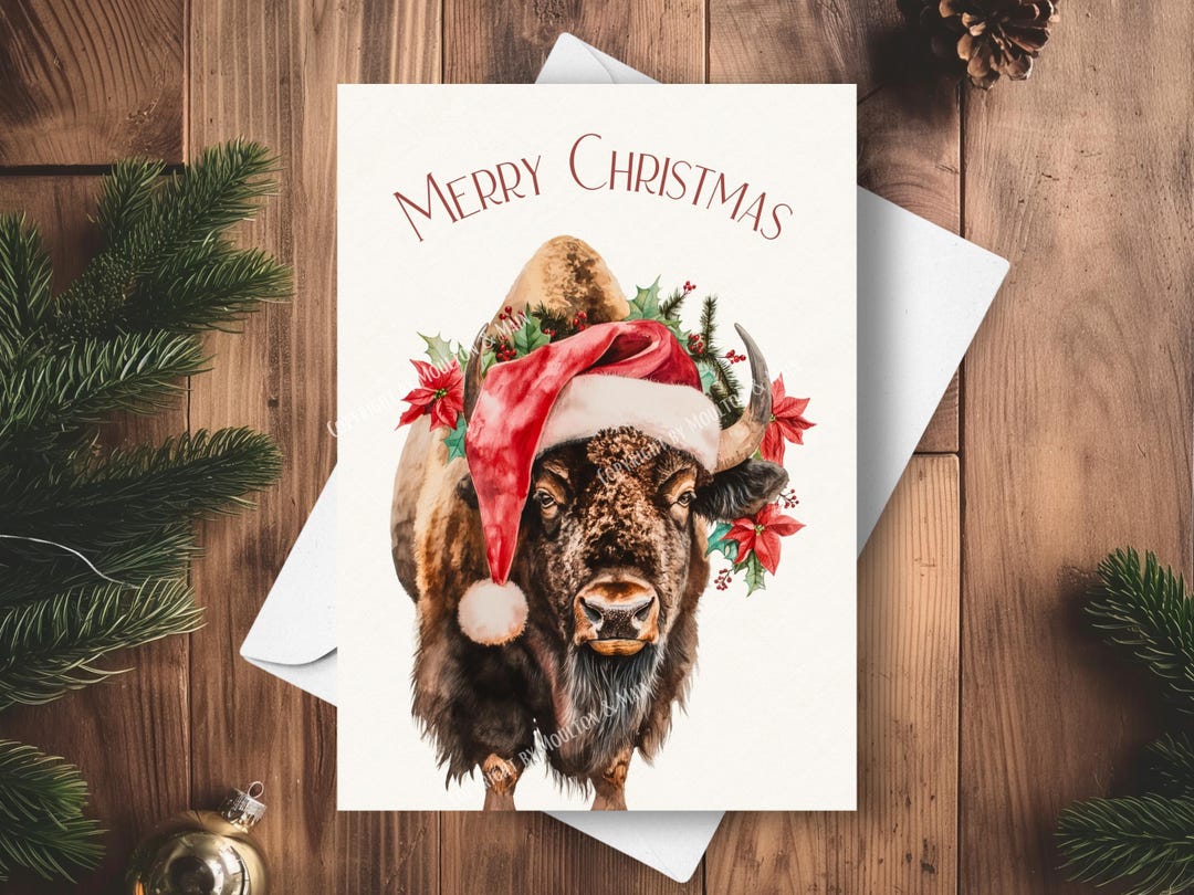 Buffalo Christmas Card, American Bison in A Santa Hat and Red ...