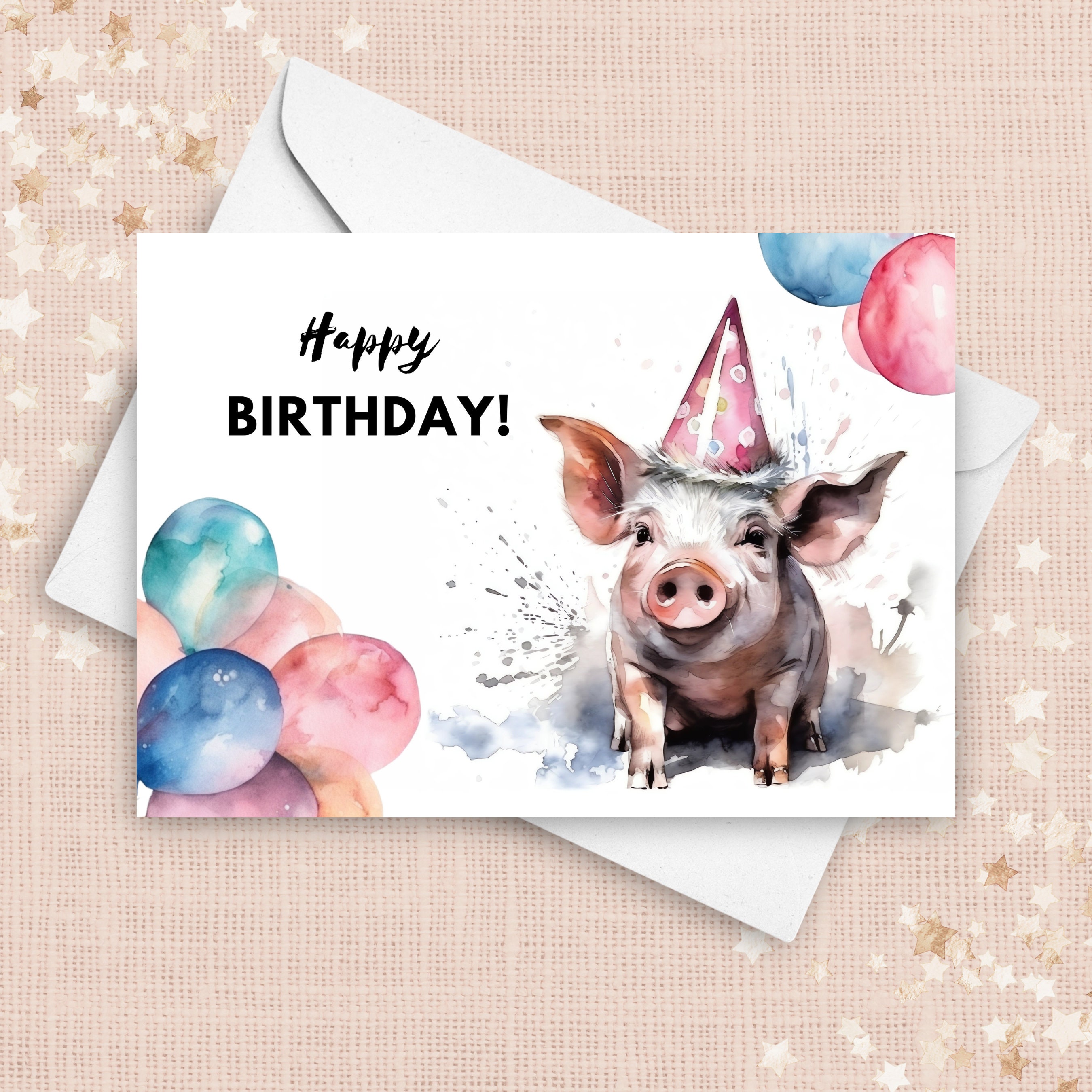 Cute Pig Birthday Card With Party Hat, Happy Birthday, Pig Gift, Cute ...