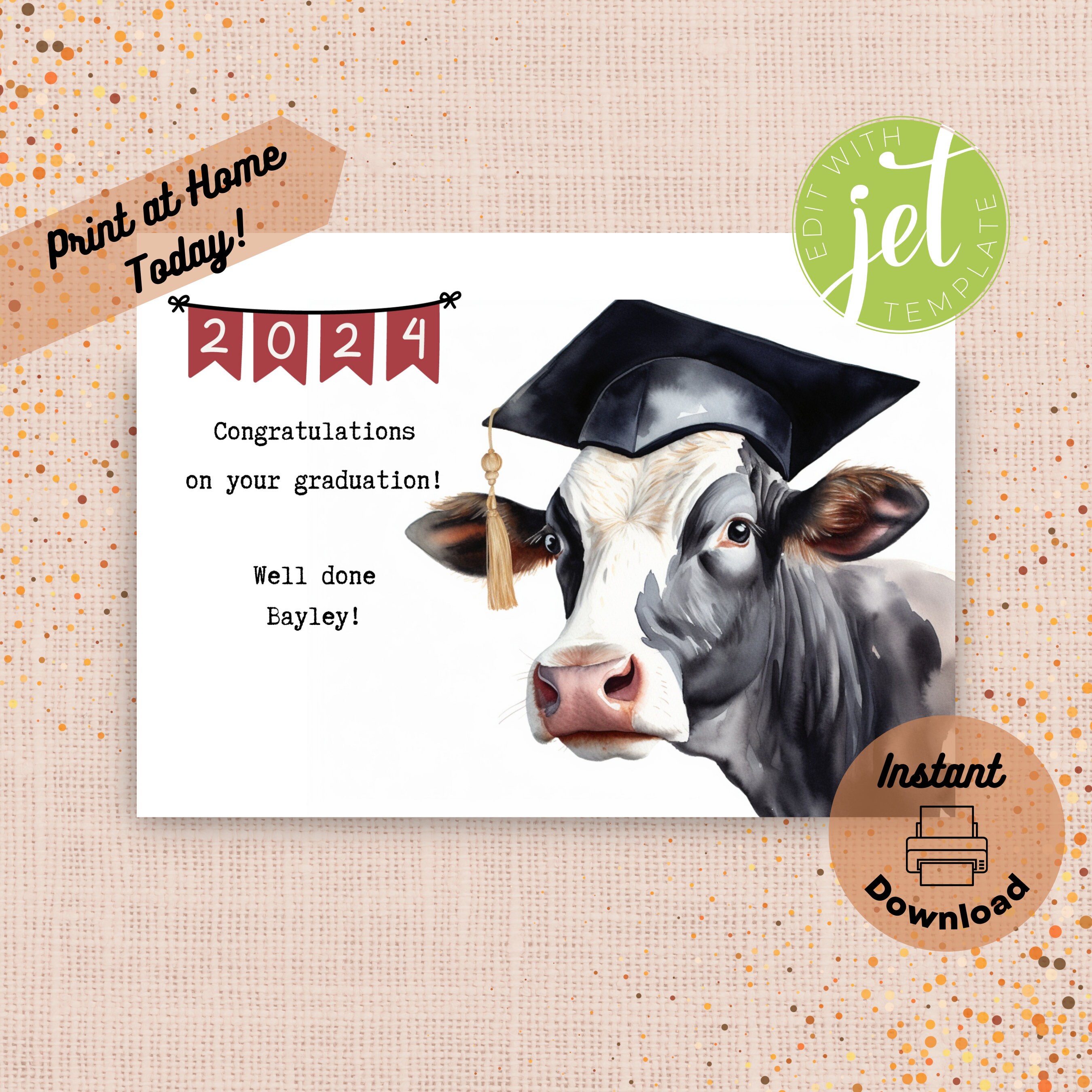 Printable Personalized Cow Graduation Card, Print at Home Editable ...