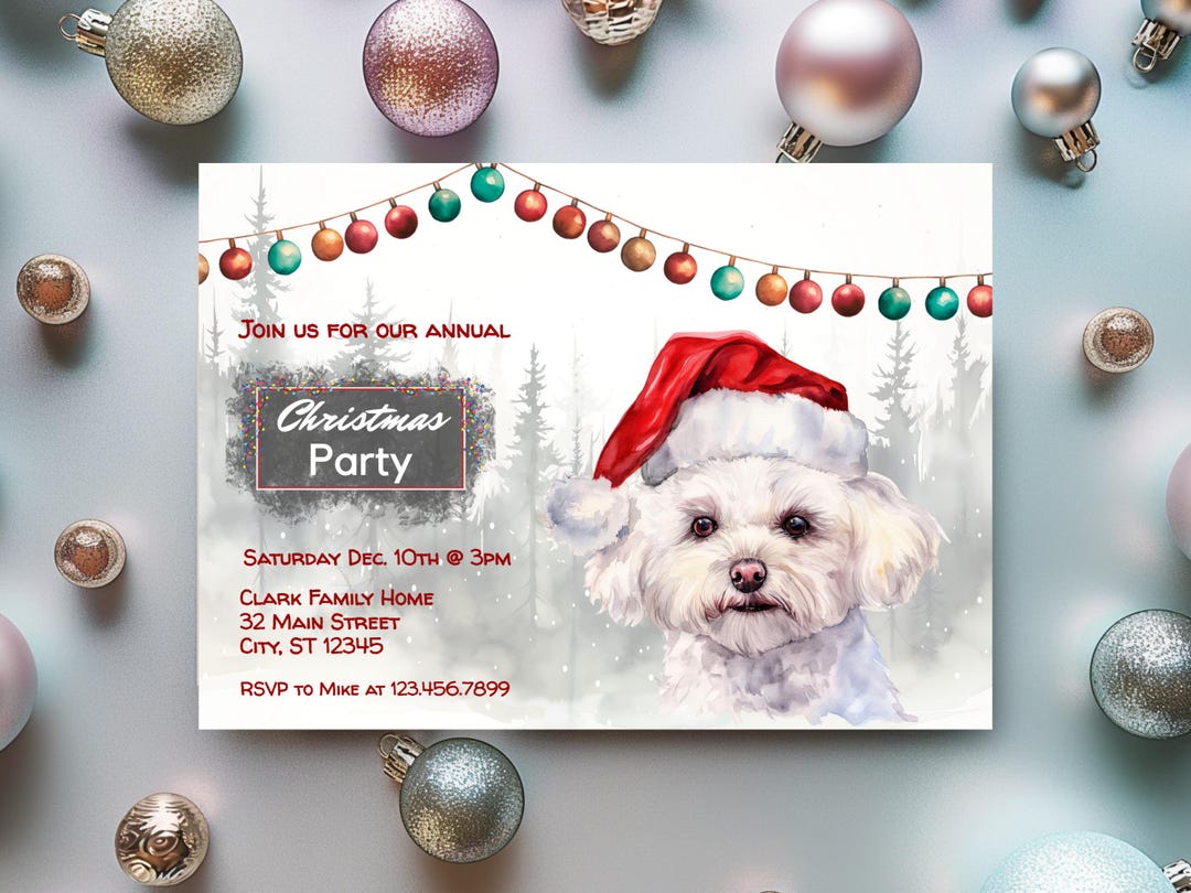 Bichon Frise Christmas Party Invitation, Digital Editable Template ...