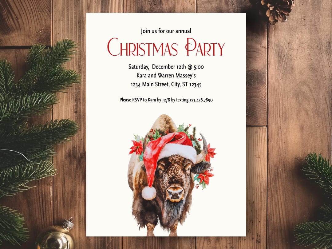 American Bison Buffalo Christmas Party Invitation Digital Editable ...
