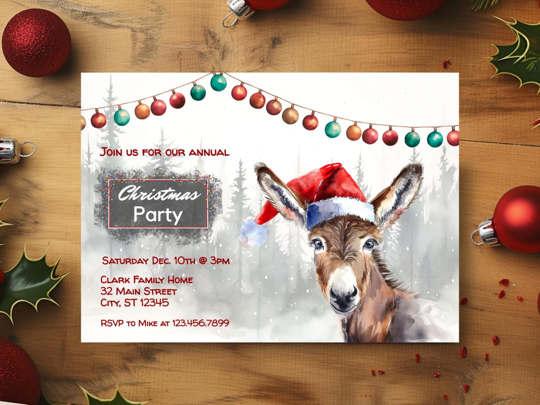 Donkey Christmas Party Invitation, Digital Editable Template, Print at ...