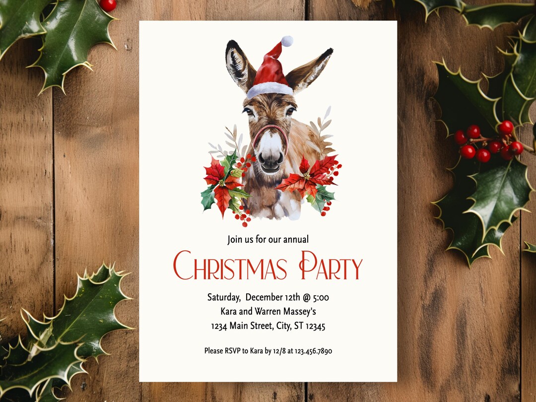 Donkey Christmas Party Invitation Digital Editable Template, Print at ...
