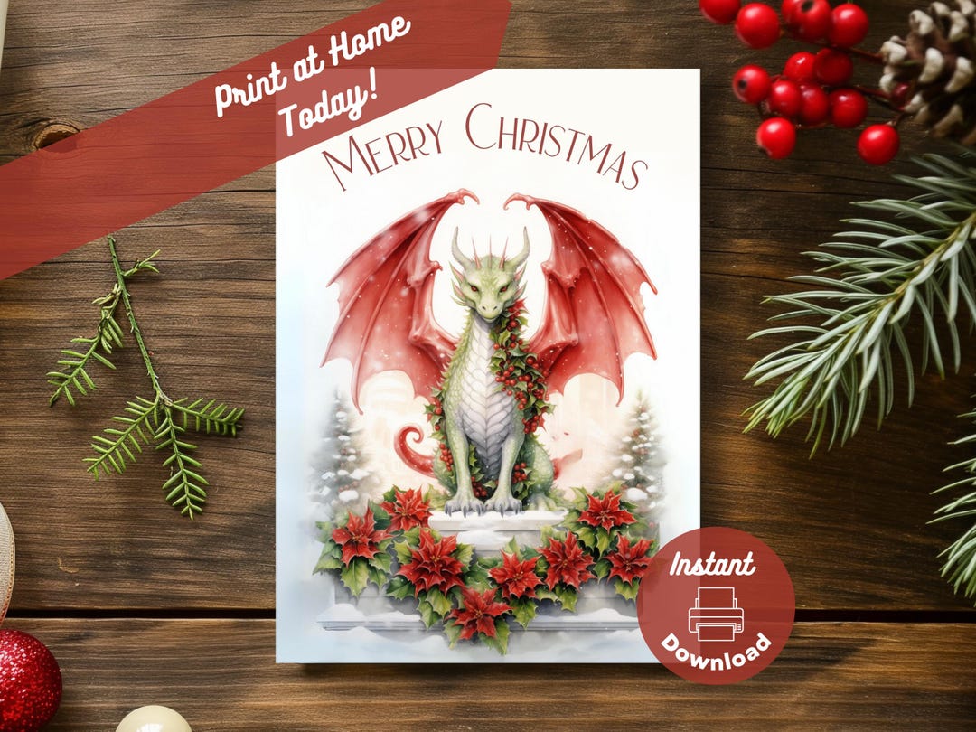 Printable Dragon Christmas Card, Instant Digital Download Print at Home ...