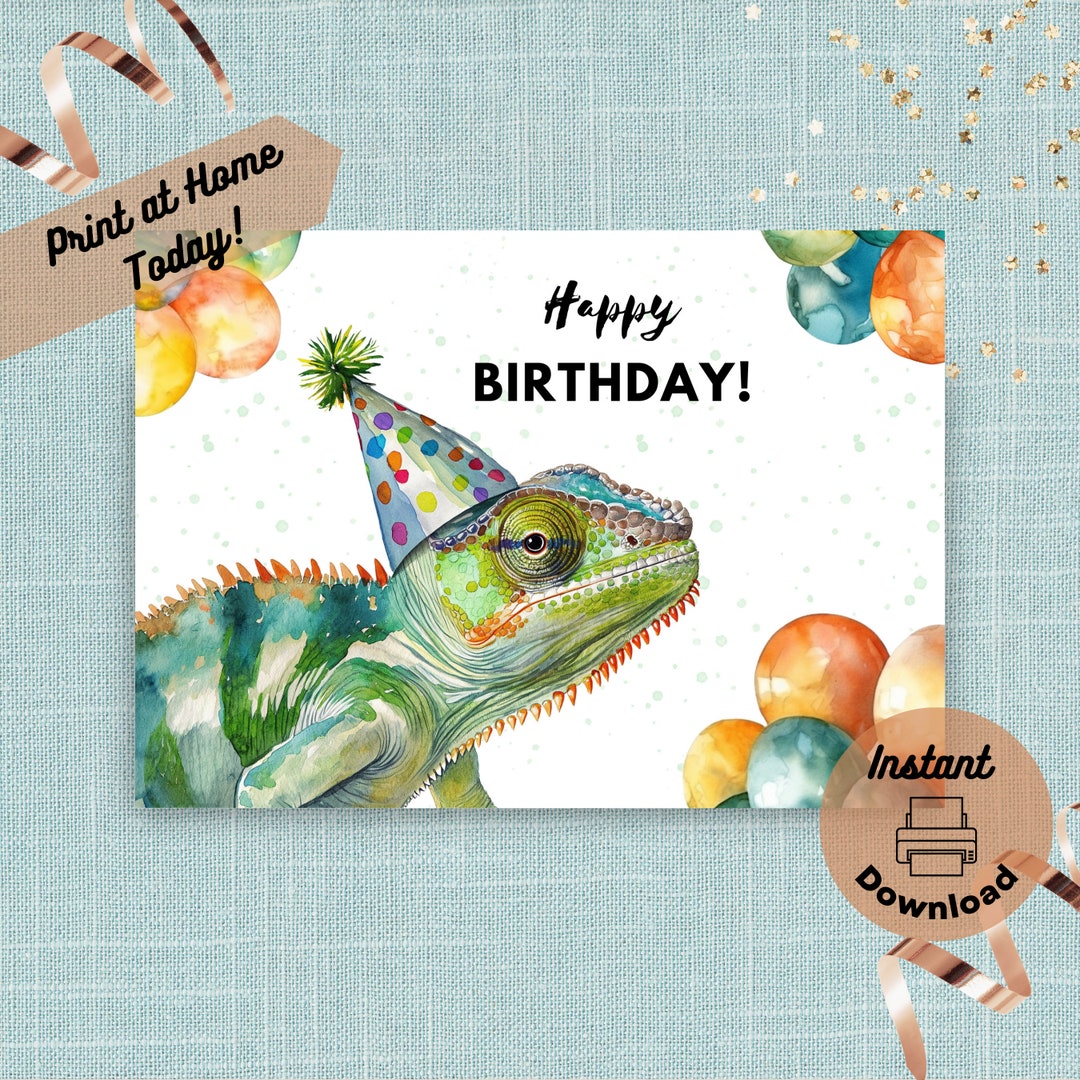 Printable Chameleon Birthday Card, Instant Download, Print at Home Card ...