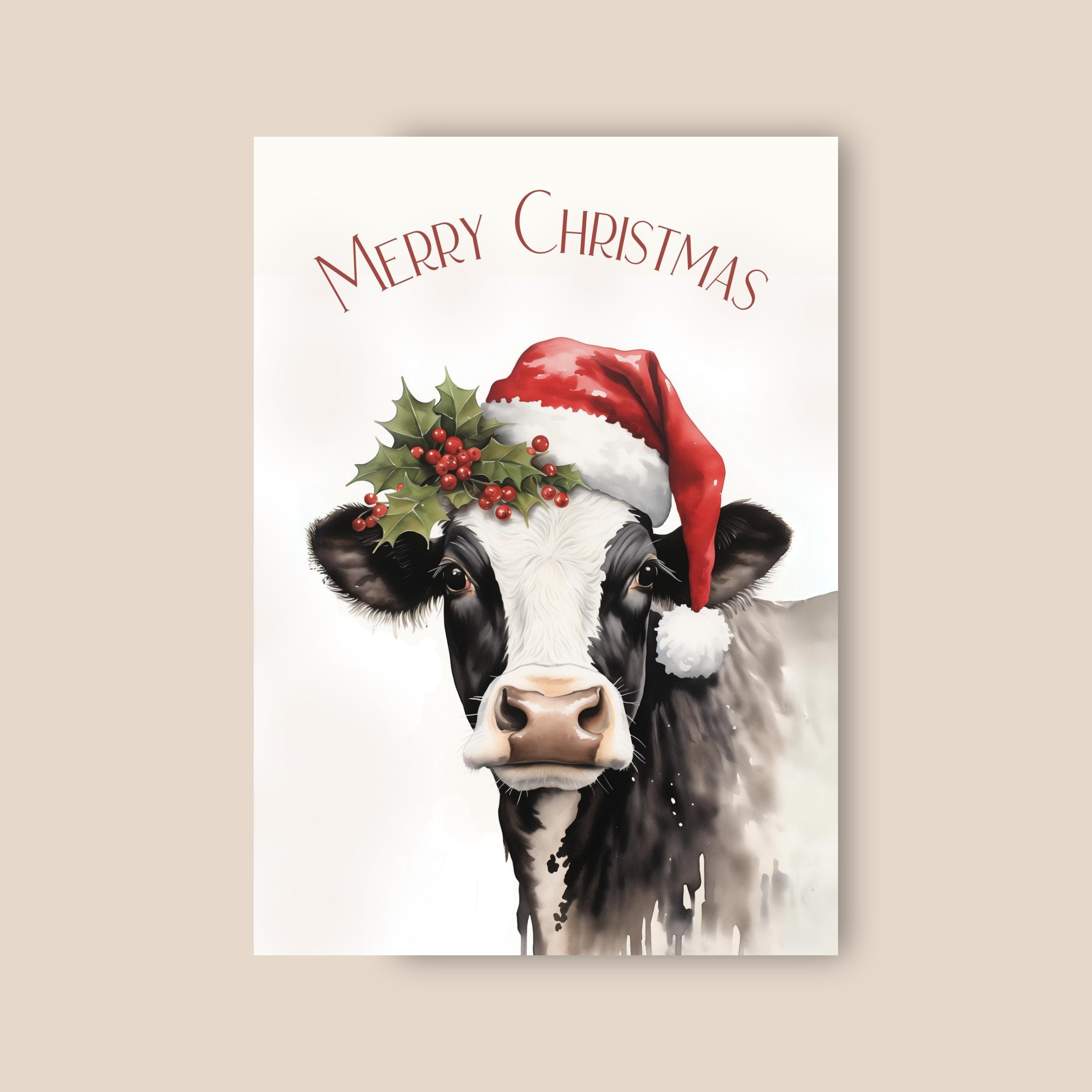 Cow Christmas Card, Dairy Cow Holiday Card, Red Poinsettia Wreath, Red ...