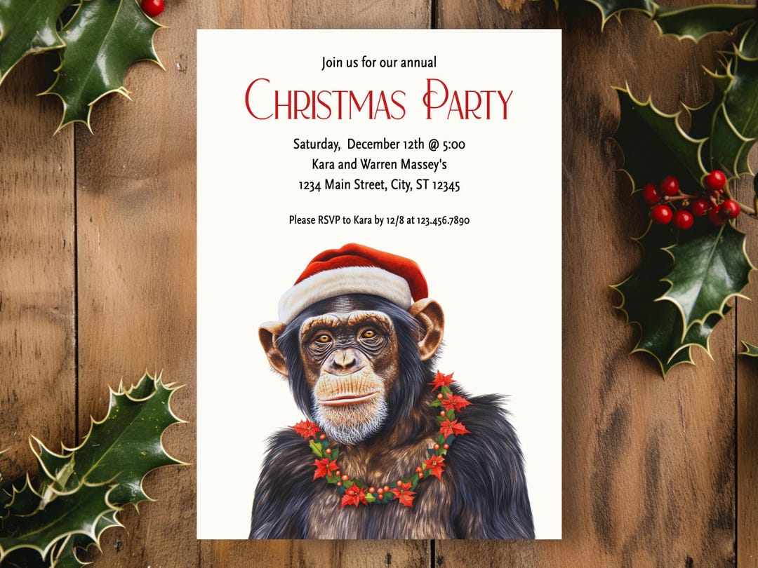 Chimpanzee Christmas Party Invitation Digital Editable Template, Print ...