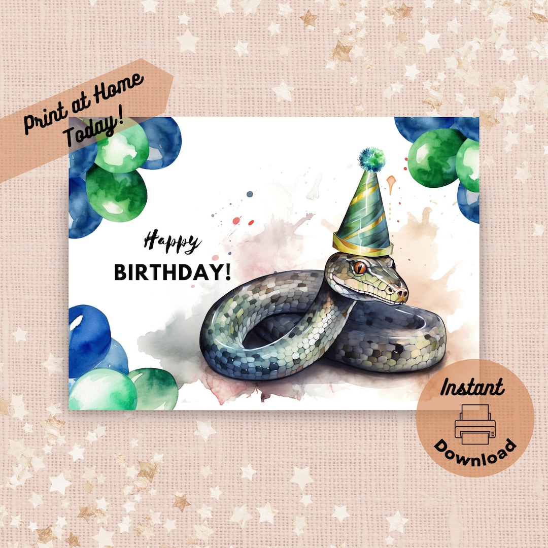 Printable Snake Birthday Card, Instant Download, Print at Home Card ...