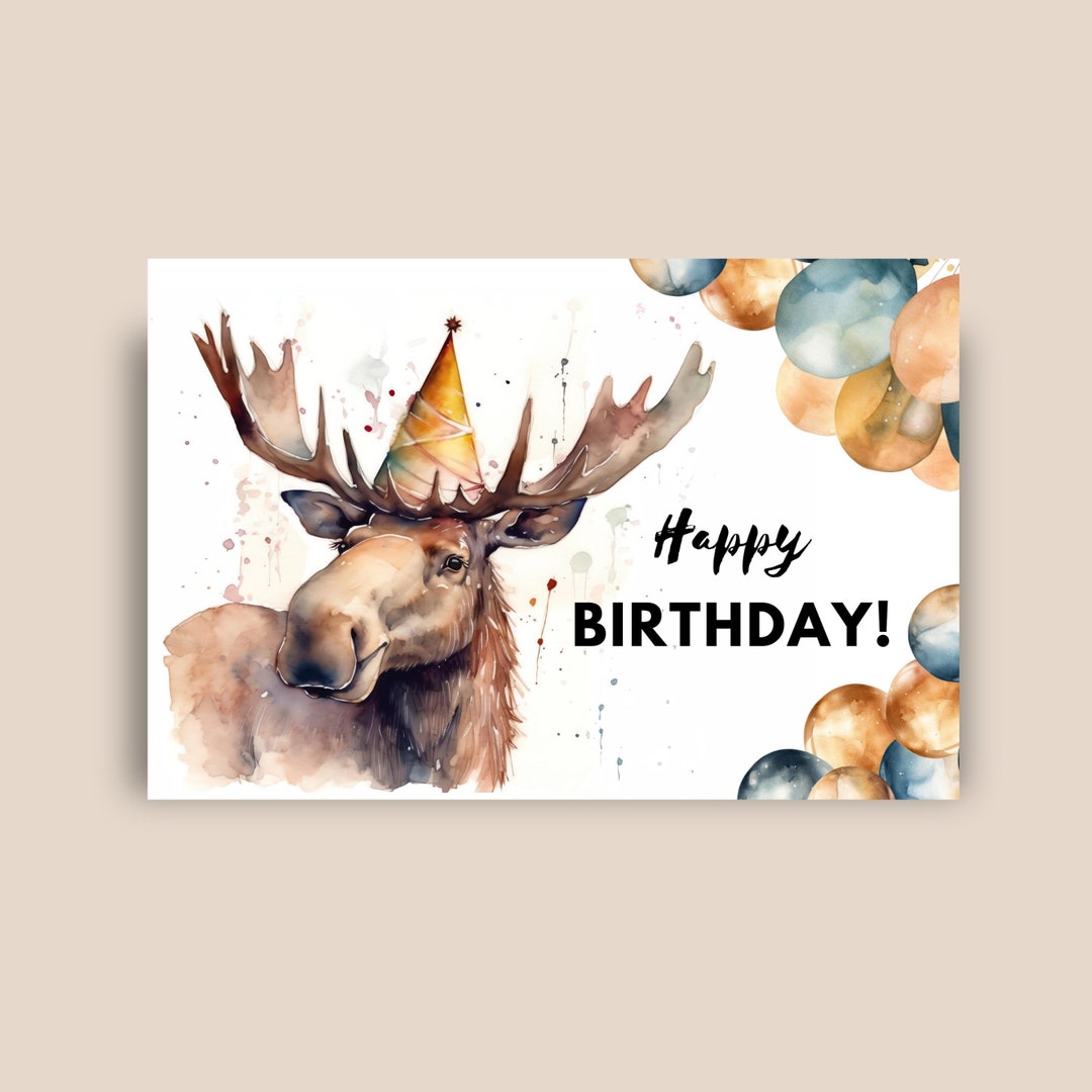 Moose Birthday Card With Party Hat Happy Birthday Moose - Etsy Canada
