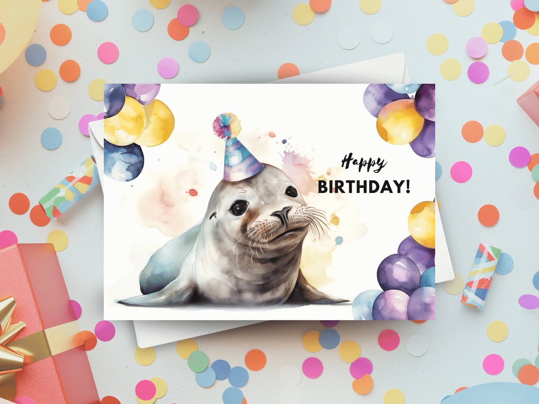 Seal Birthday Card, Party Hat, Happy Birthday, Grey Seal Gift, Aquarium ...