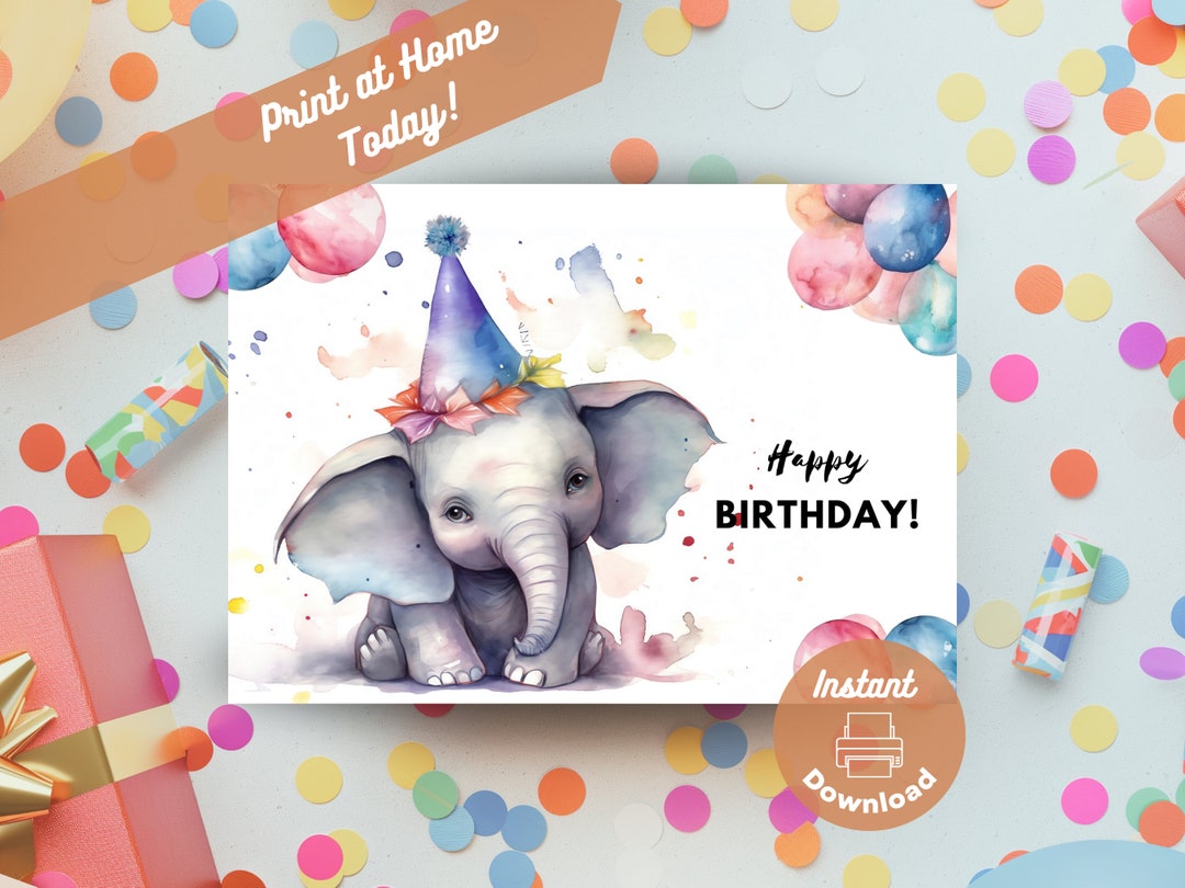 Printable Elephant Birthday Card, Instant Download, Print at Home ...