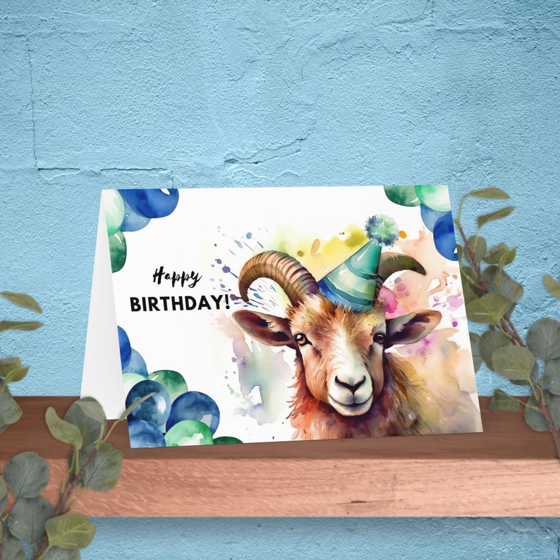 Ram Birthday Card Wearing Party Hat and Balloons, Farm Birthday Themed ...
