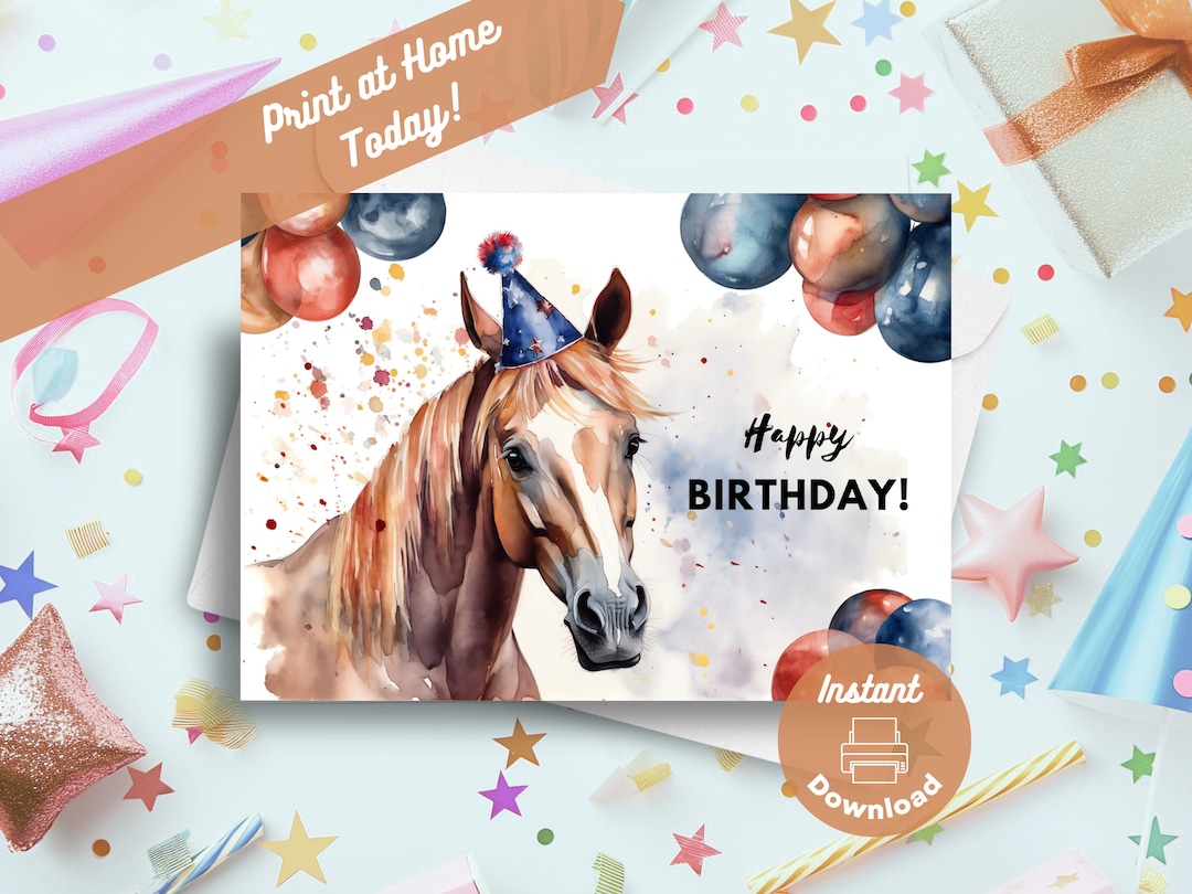 Printable Horse Birthday Card, Instant Download, Print at Home Card ...