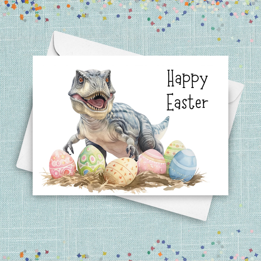 Dinosaur Easter Card, T. Rex and Pastel Easter Eggs Greeting, Roaring ...