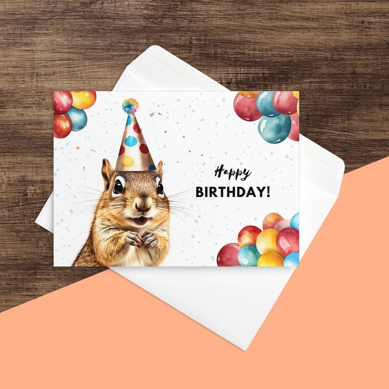 Chipmunk Birthday Card, Happy Birthday Party Hat and Balloons, Cute ...