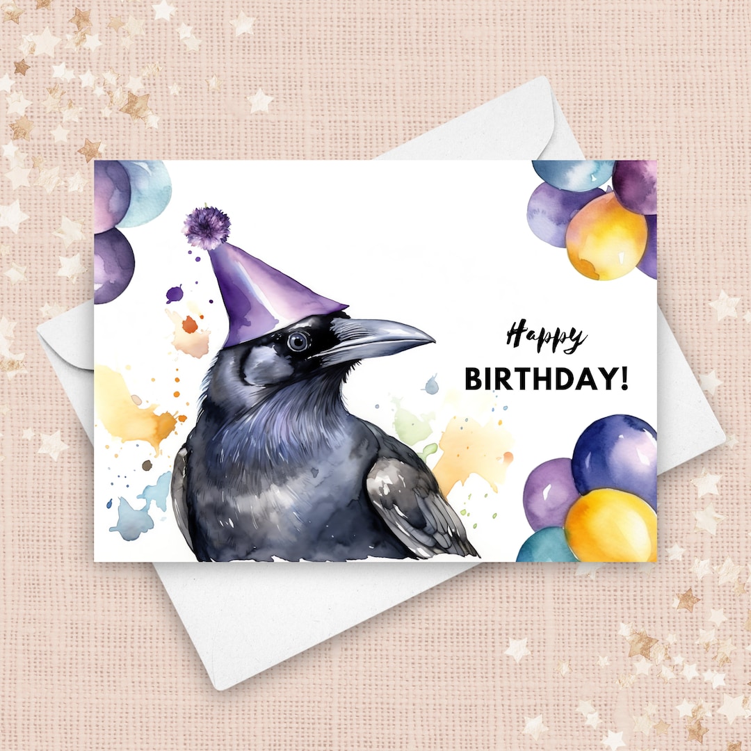 Raven Birthday Card - Black Raven With Balloons and Party Hat, Bird ...