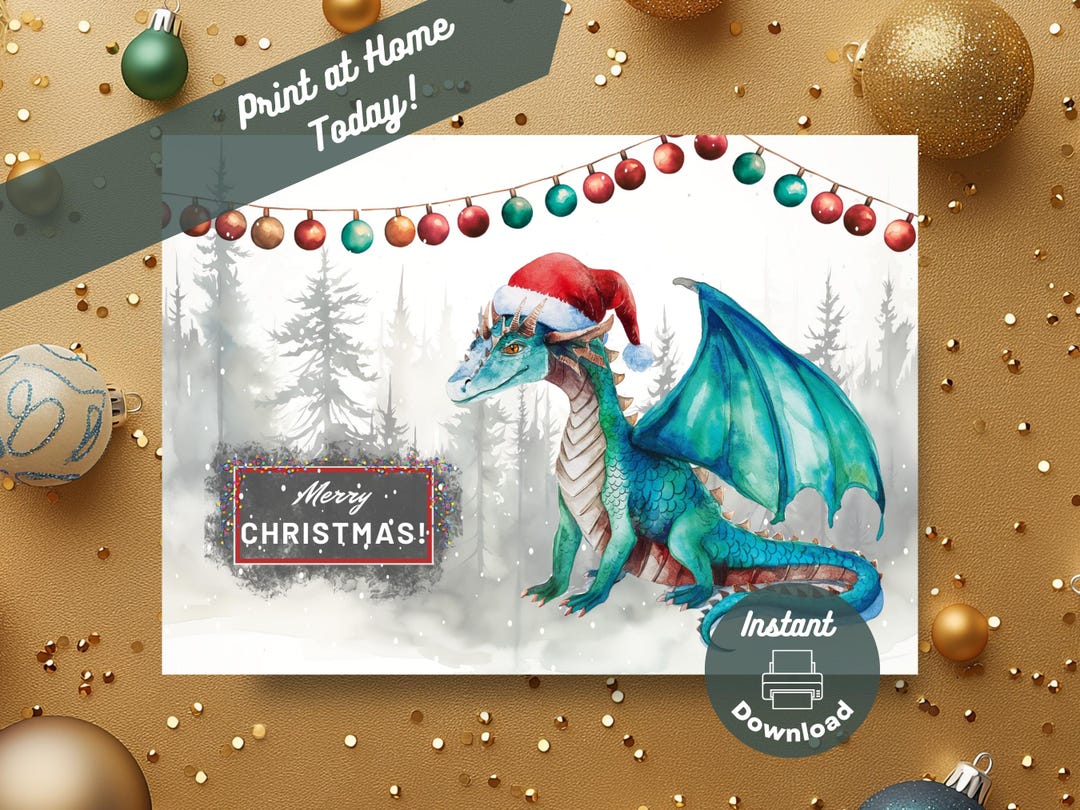 Printable Dragon Christmas Card, Instant Digital Download Print at Home ...