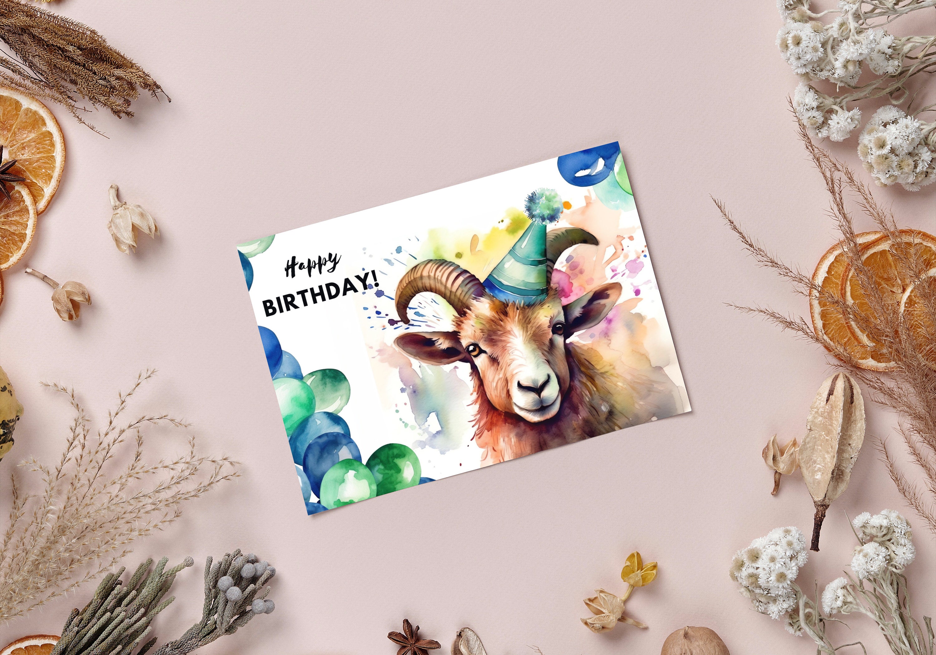 Ram Birthday Card Wearing Party Hat and Balloons Farm - Etsy