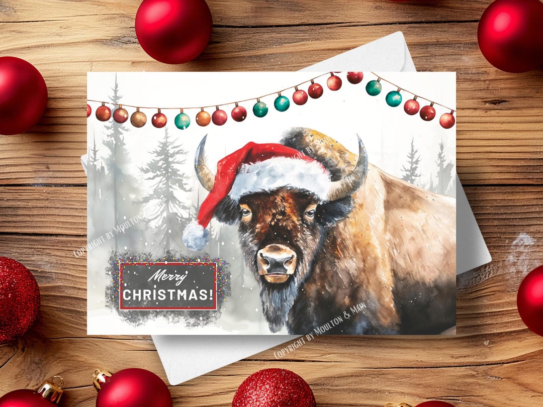 Buffalo Christmas Card, Merry Christmas American Bison Wearing A Santa ...