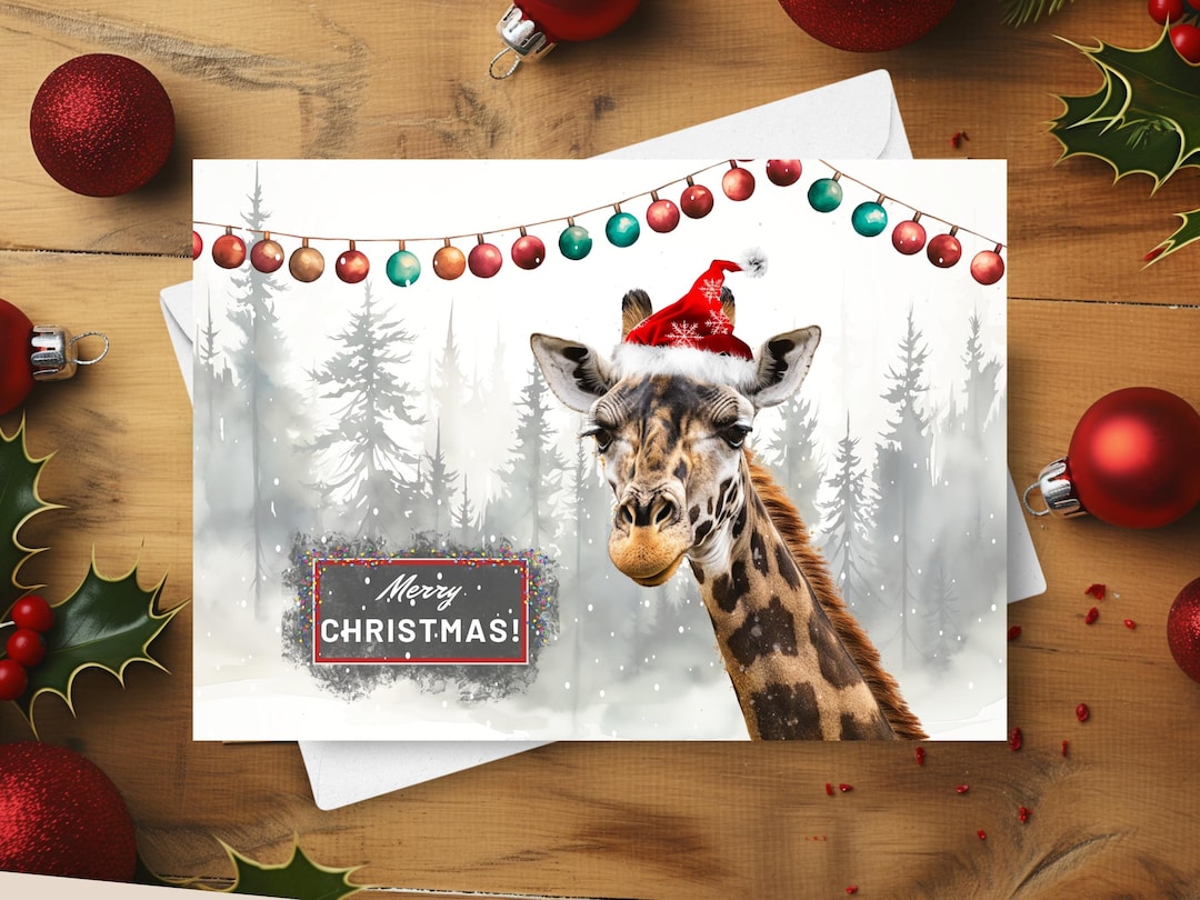 Giraffe Christmas Card, Merry Christmas Giraffe Wearing Santa Hat in A ...