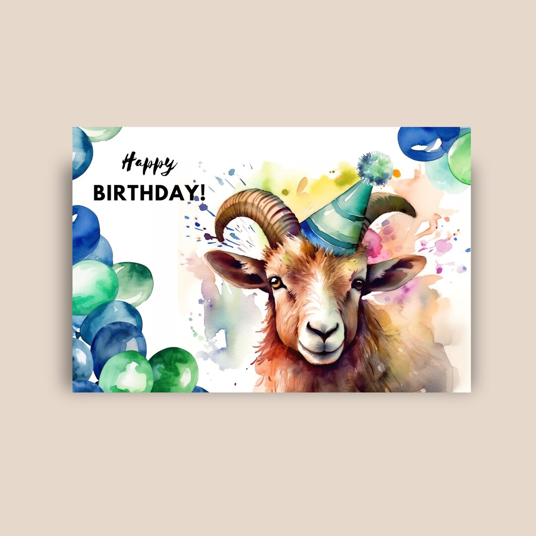 Ram Birthday Card Wearing Party Hat and Balloons Farm - Etsy