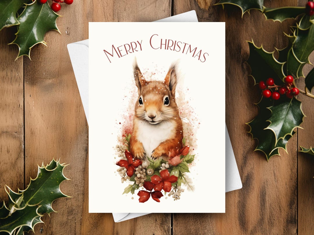 Squirrel Christmas Card, Santa Hat and Red Poinsettia Wreath, Cute Red ...