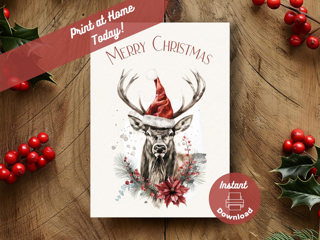 Printable Elk Christmas Card, Instant Digital Download Print at Home ...