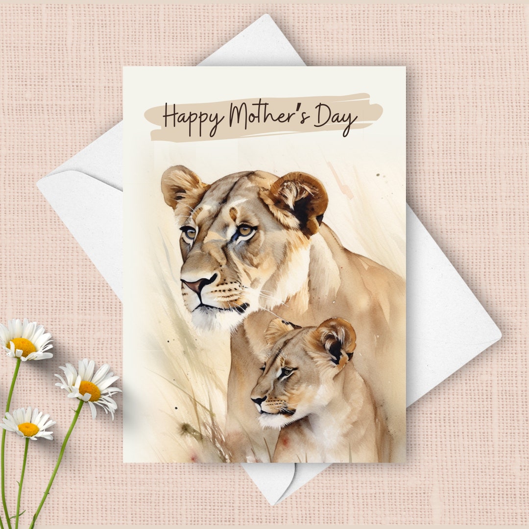 Lioness Mother’s Day Card, Lion With Cute Cub Card for Her, Wildlife ...