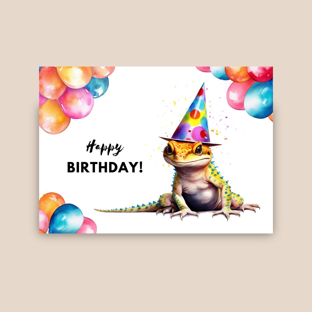 Gecko Birthday Card, Birthday Party Hat and Balloons, Colorful Leopard ...
