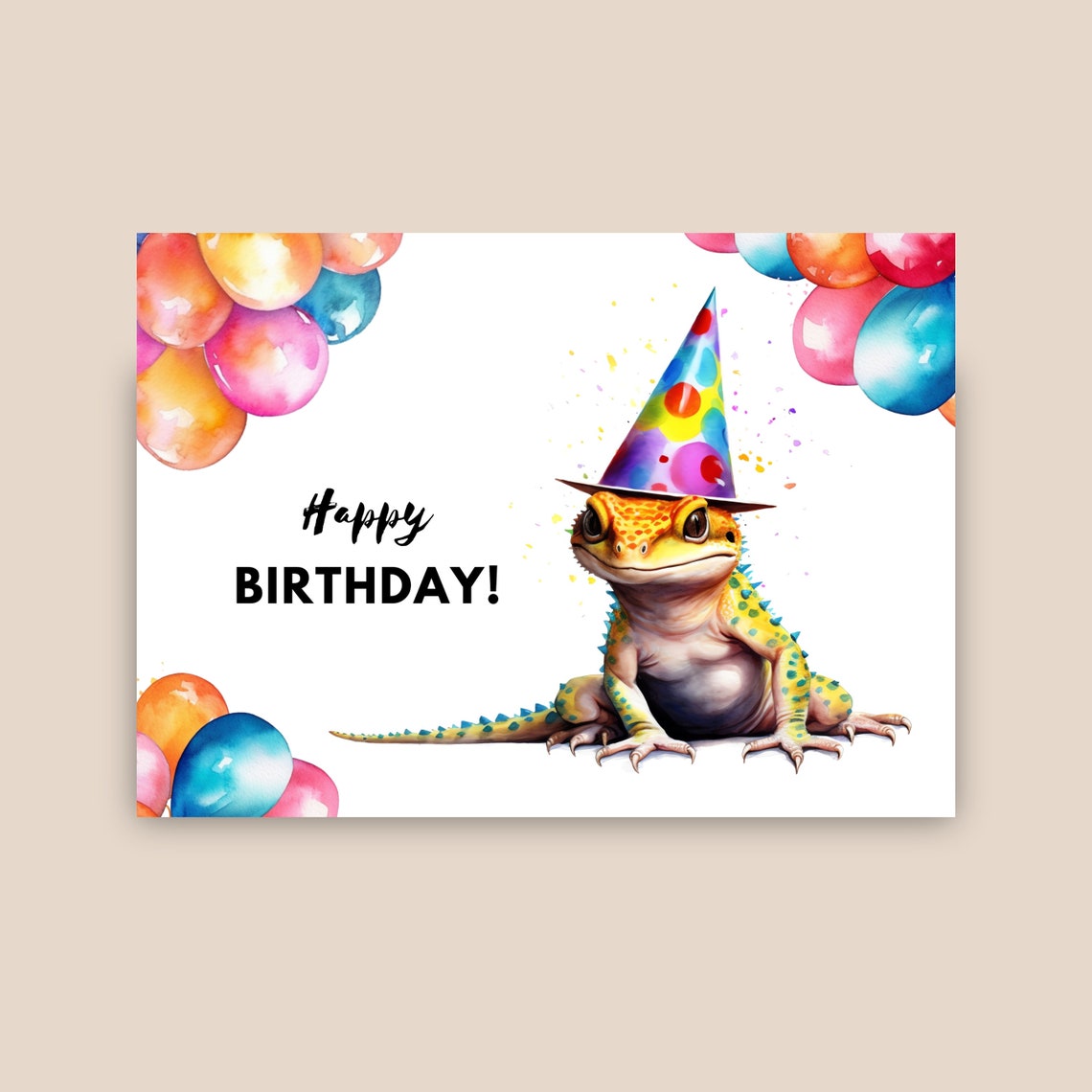 Gecko Birthday Card, Birthday Party Hat and Balloons, Colorful Leopard ...