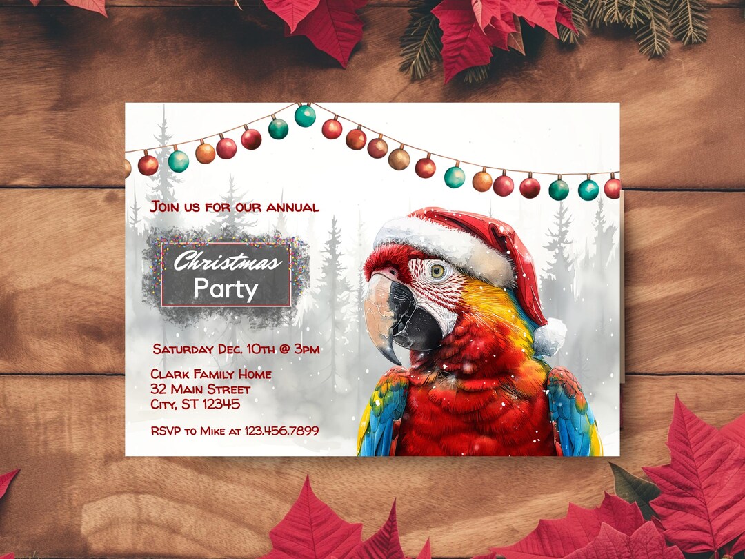 Parrot Christmas Party Invitation, Digital Editable Template, Print at ...