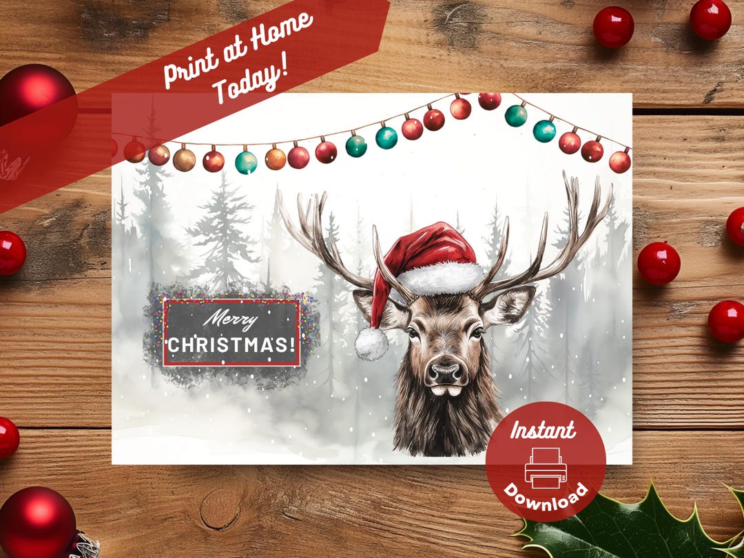 Printable Elk Christmas Card, Instant Digital Download Print at Home ...