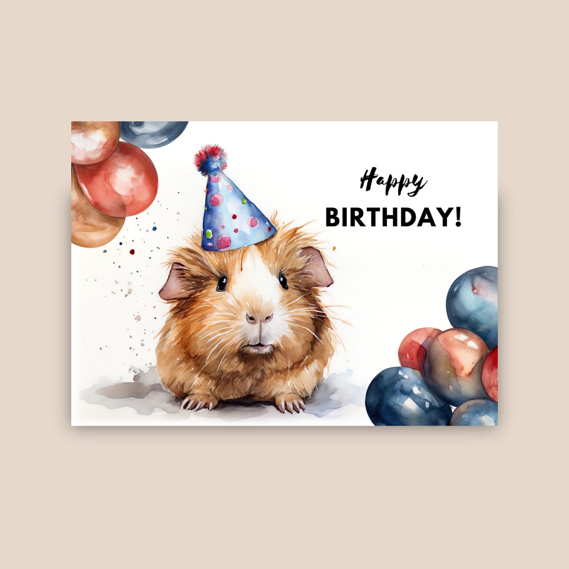Guinea Pig Birthday Card, Happy Birthday Party Hat and Balloons, Guinea ...