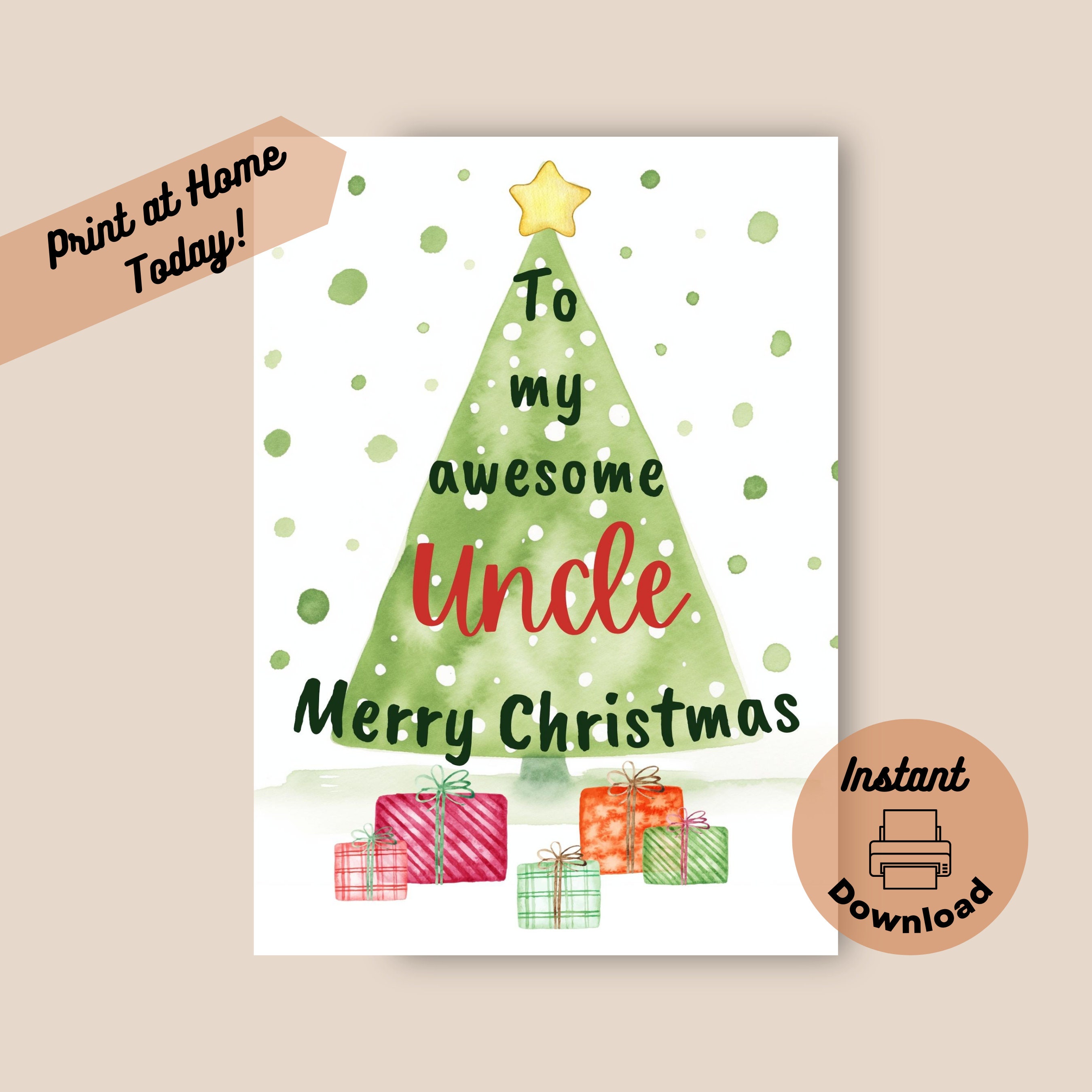 Printable Christmas Card for Uncle, Instant Digital Download Print at ...