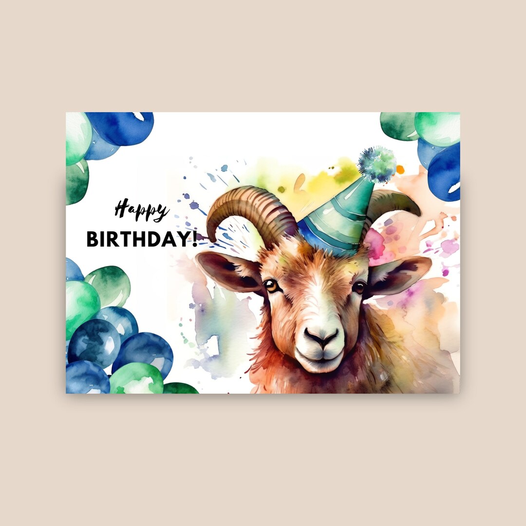 Ram Birthday Card Wearing Party Hat and Balloons Farm - Etsy
