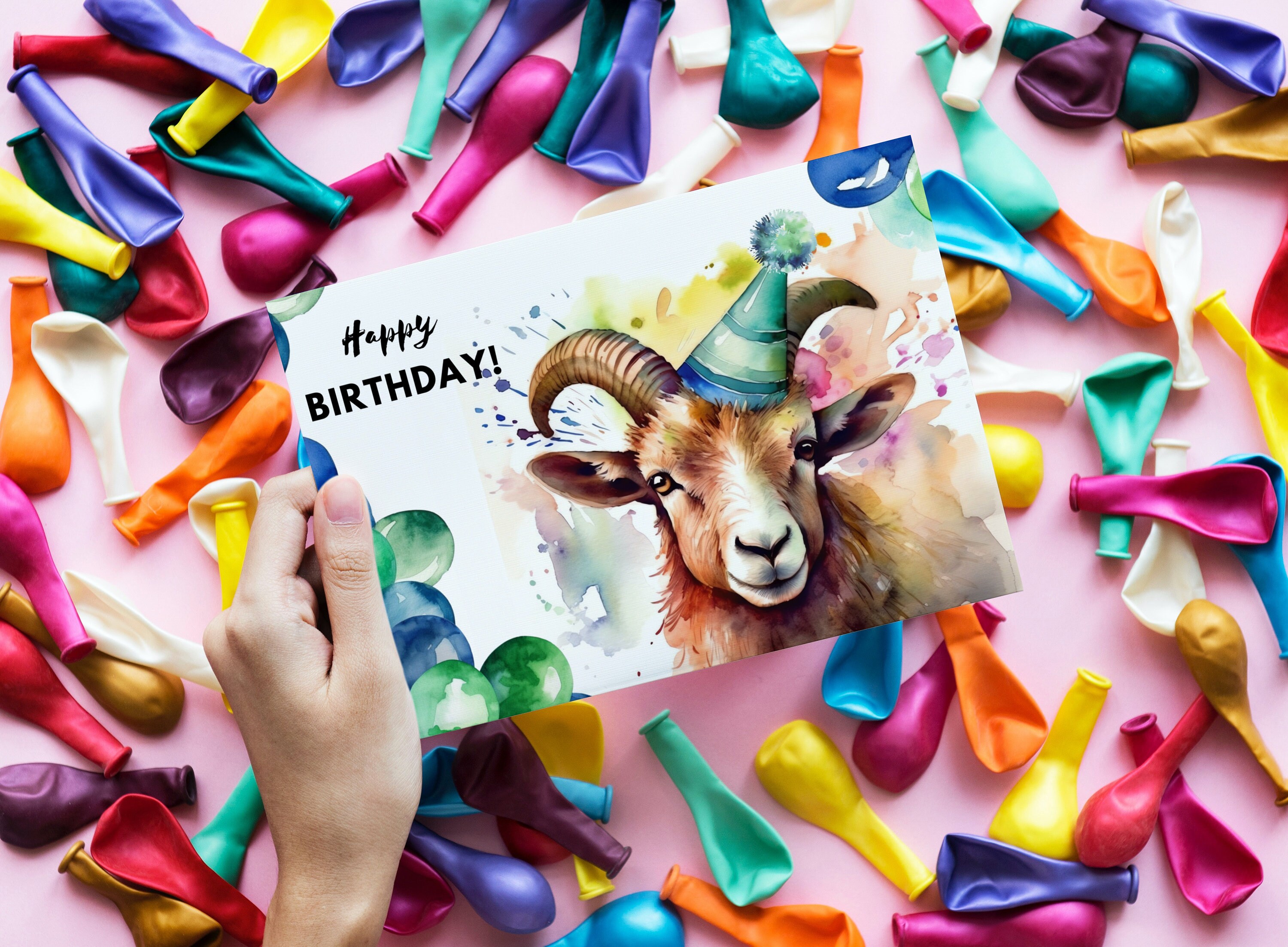 Ram Birthday Card Wearing Party Hat and Balloons Farm - Etsy