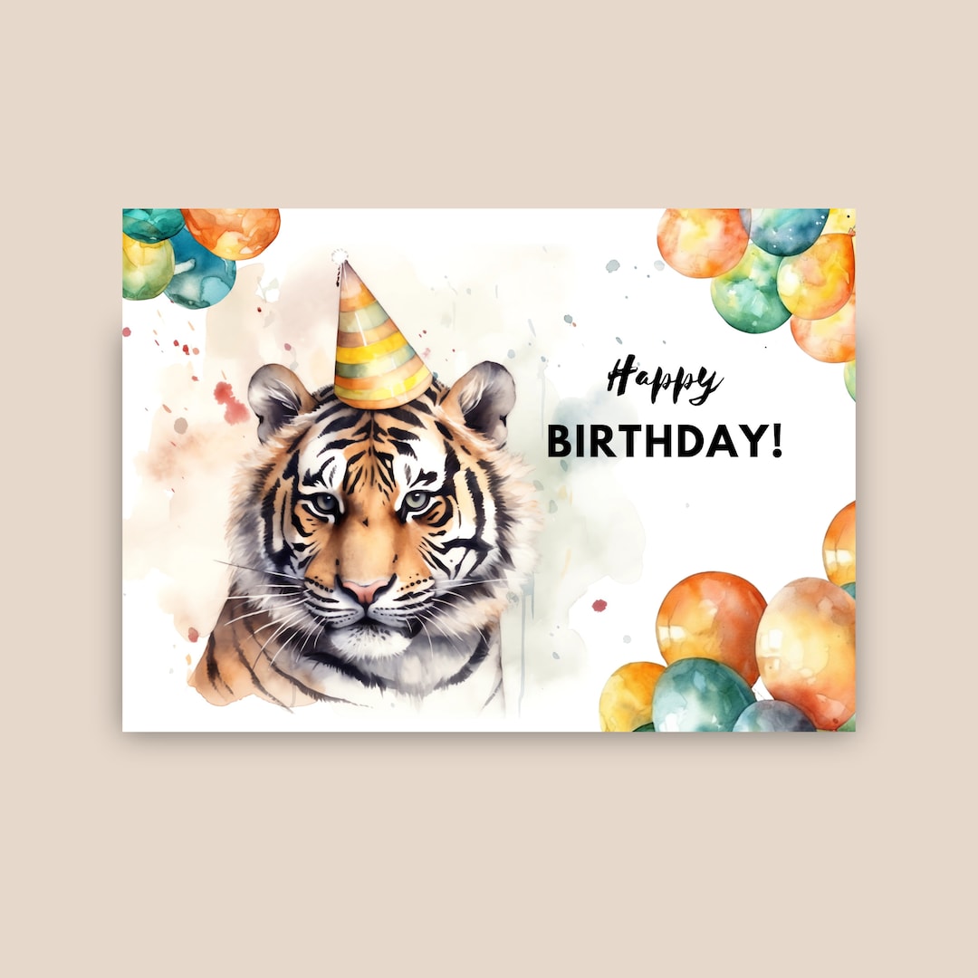 Tiger Birthday Card With Party Hat, Happy Birthday, Big Cat Gift, Zoo ...