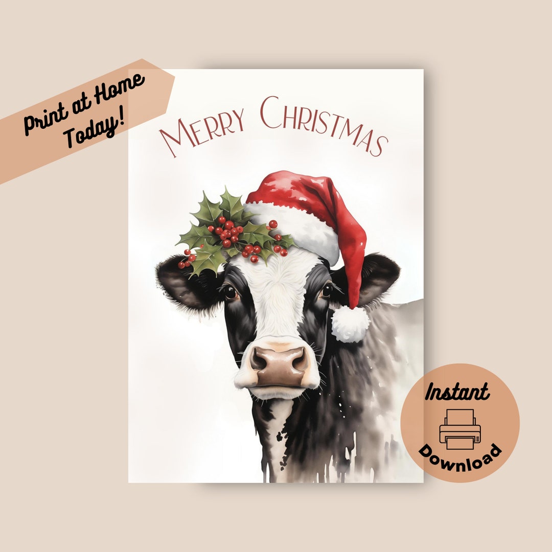 Printable Cow Christmas Card Instant Digital Download Print - Etsy
