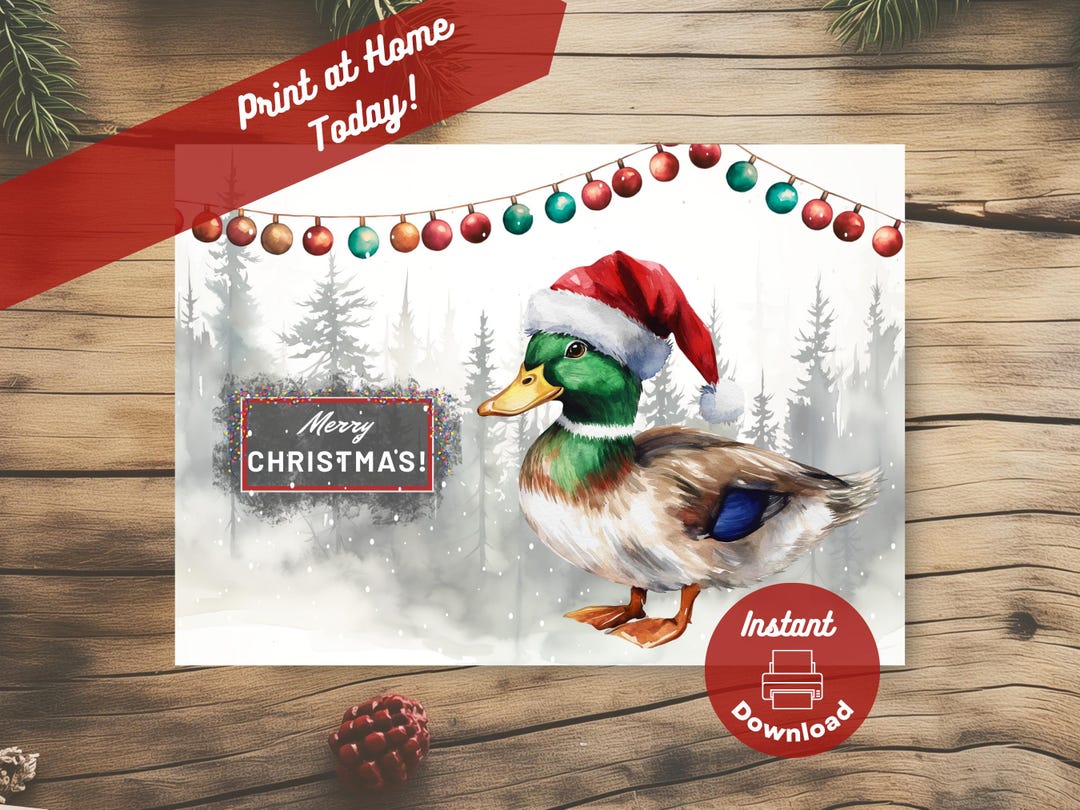 Printable Duck Christmas Card, Instant Digital Download Print at Home ...